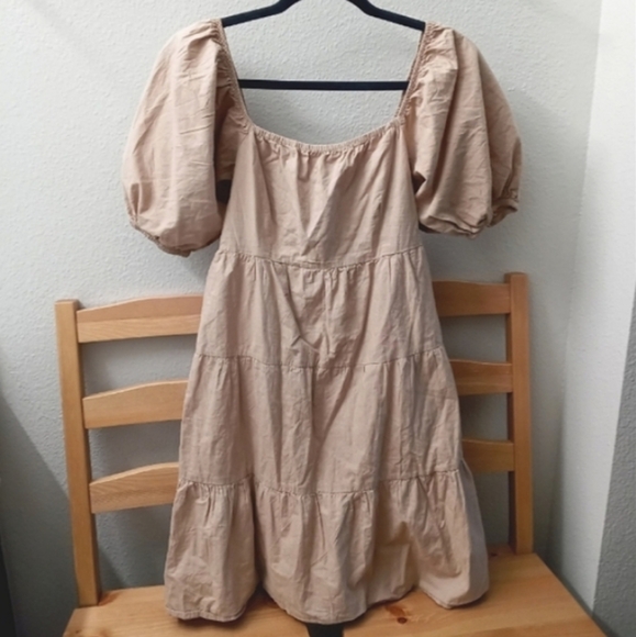 Dresses | Sim And Sam Tan Puff Sleeve Mini Dress Tunic Medium | Poshmark